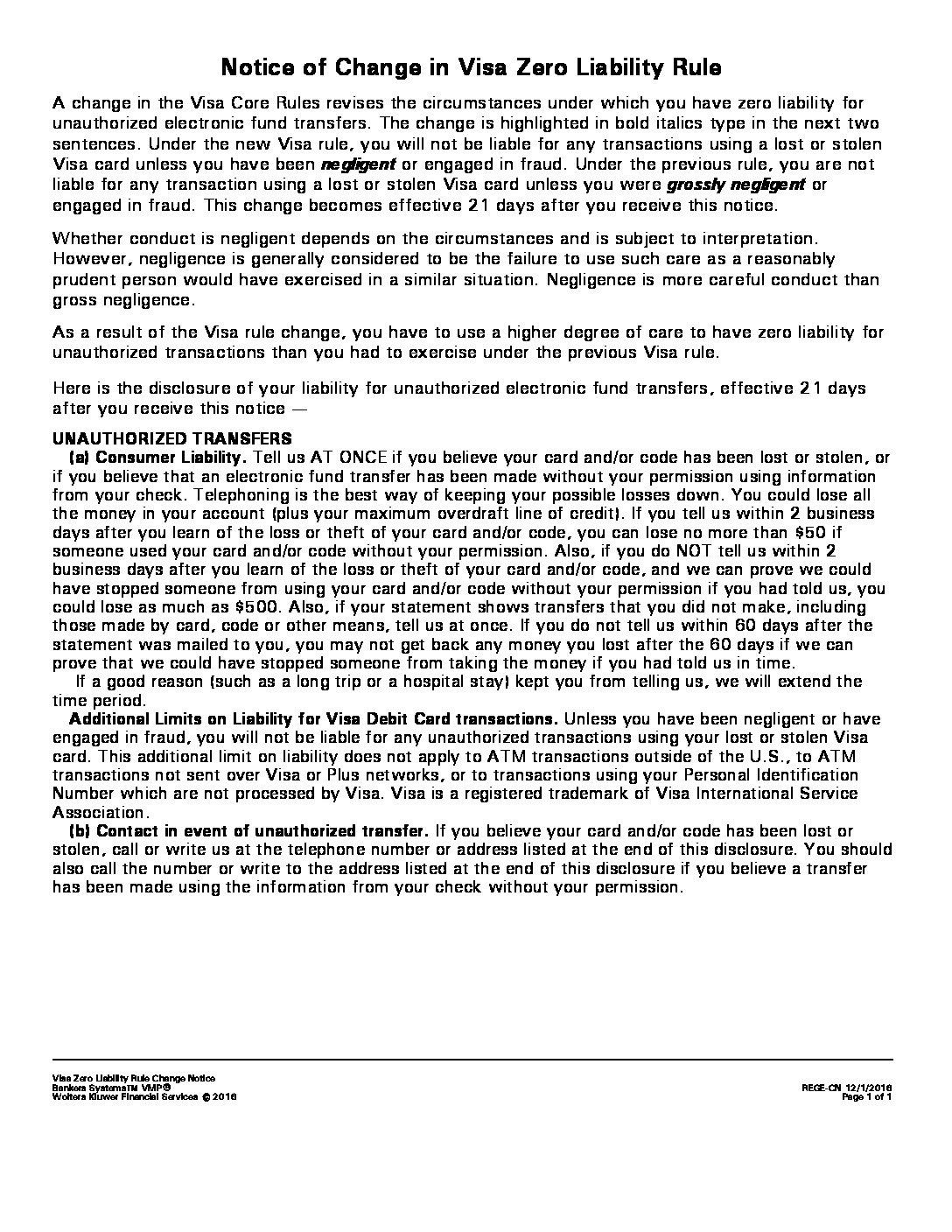 Notice of Change in Visa Zero Liability Rule - Lakeview Federal Credit ...